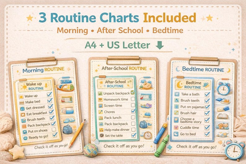 Kids Daily Routine Chart Set Printable | Morning, After School ...