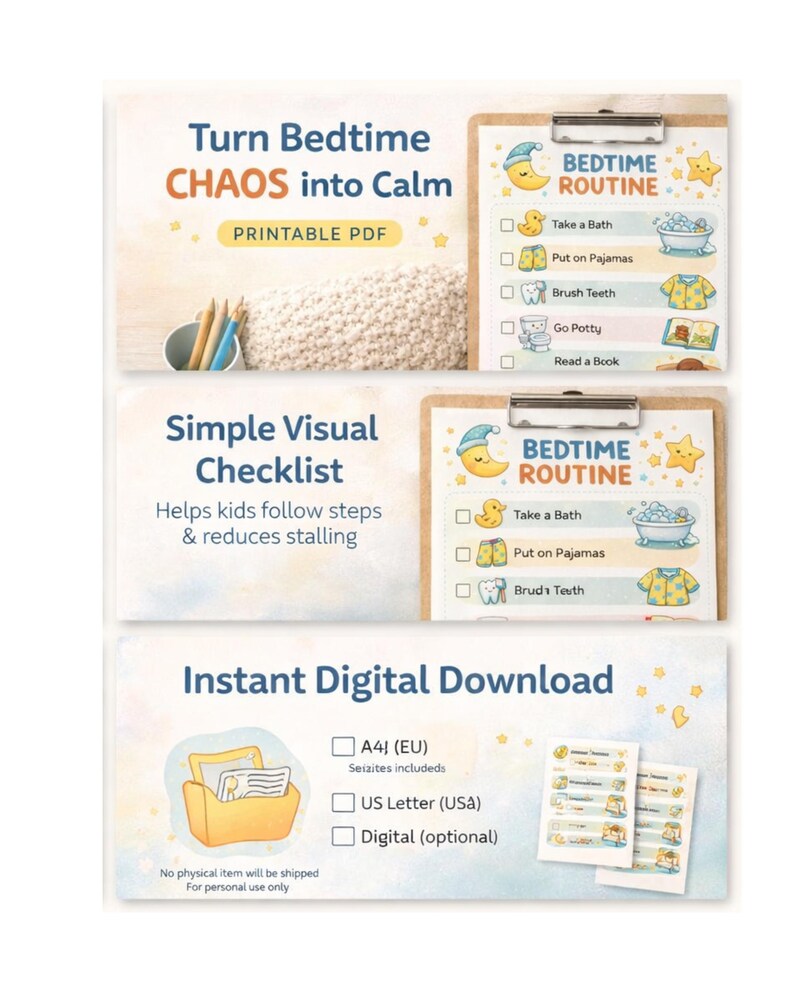 Calm Bedtime Routine Chart for Kids | Visual Night Routine Checklist ...