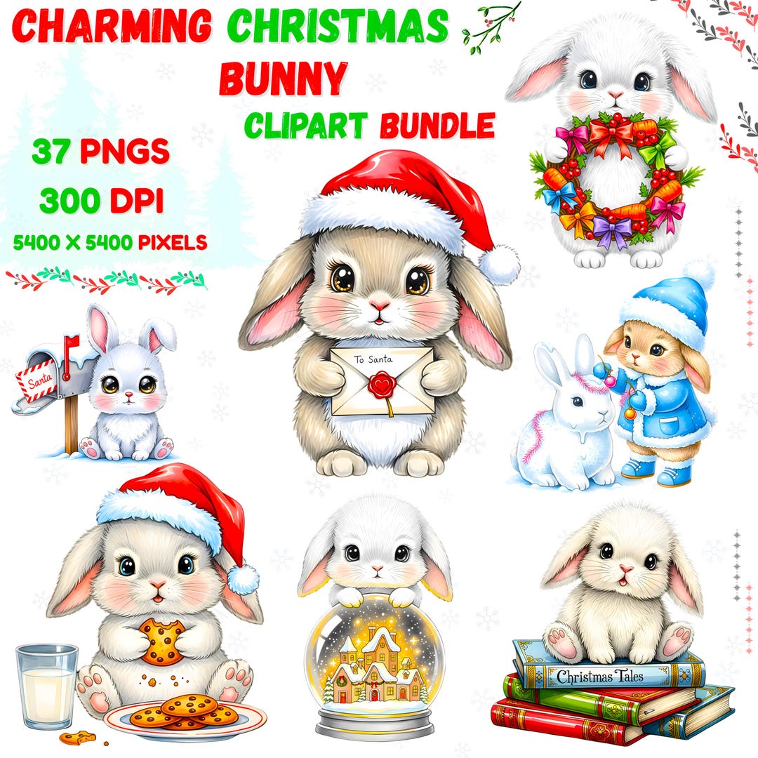 37 Christmas Bunny Clipart Digital Bundle– Watercolor Winter Rabbits ...