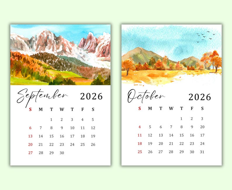 2026 Digital Printable Watercolor Calendar Vertical Wall Planner A4 and ...