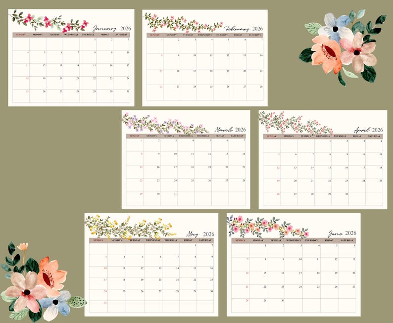 2026 Floral Calendar Printable, Monthly Planner (A4 & US Letter Digital ...