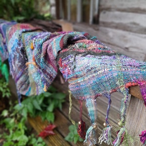 Handwoven Shawl Rainbow Jester Wrap Handspun Art Yarn Bells Weaving ...