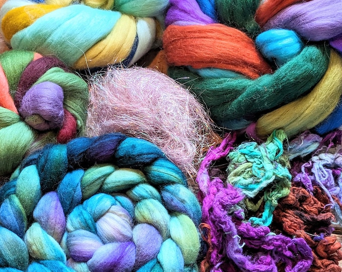 Surprise RECYCLED BATT Wild Fiber ART Rainbow Scrap Yarn Spinning Fiber ...