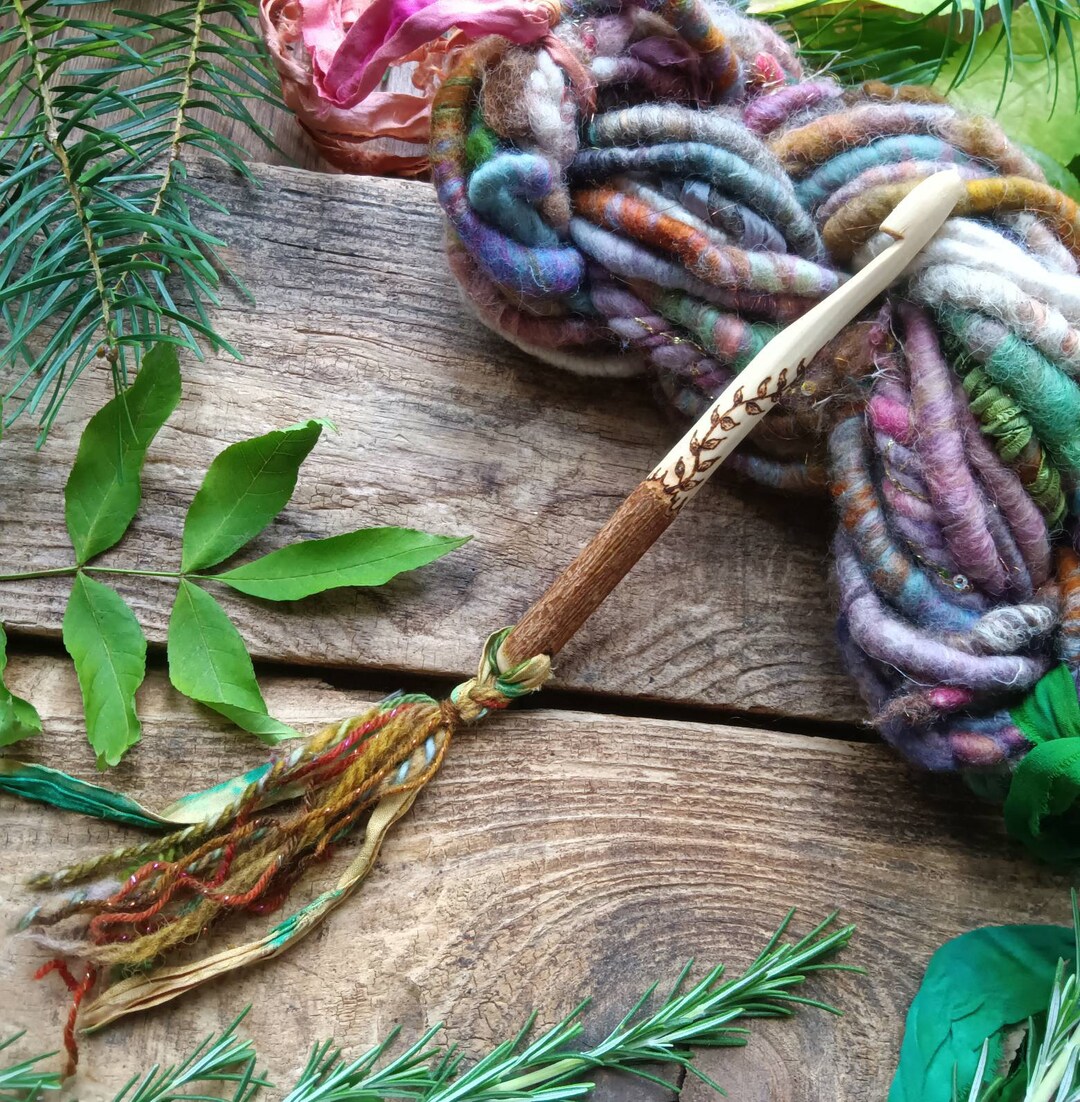 Hand Carved Crochet Hook Wooden Handmade Ferns Forest Stars Wild ...