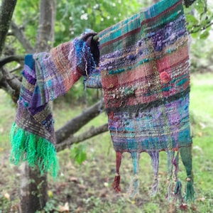 Handwoven Shawl Rainbow Jester Wrap Handspun Art Yarn Bells Weaving ...