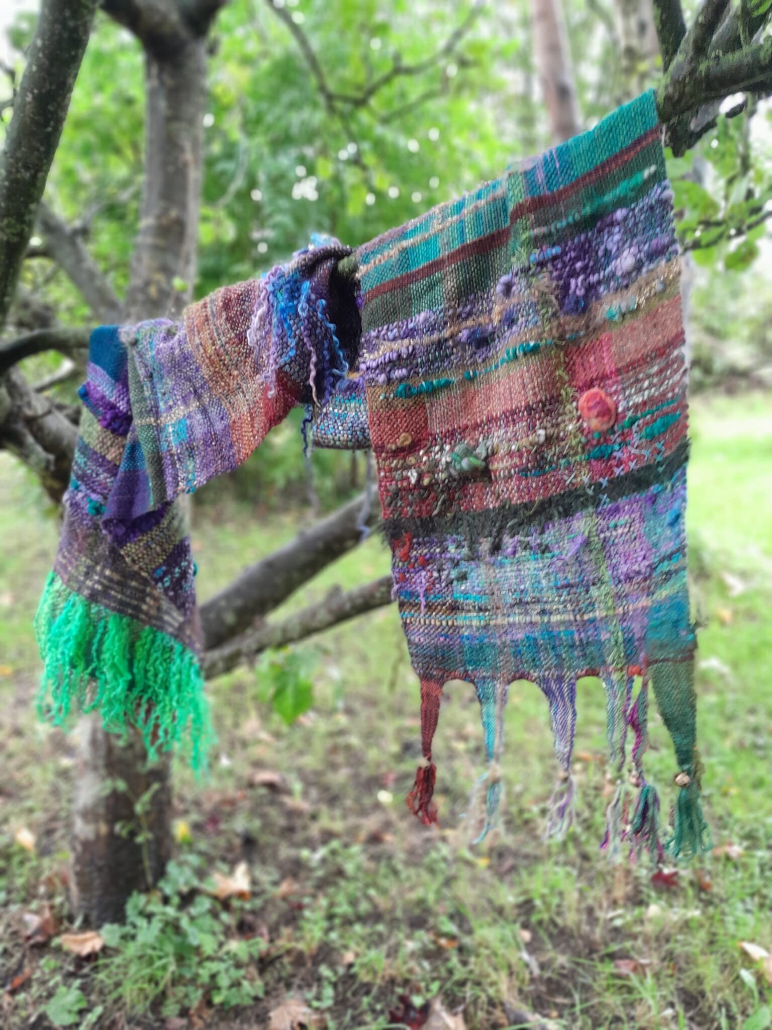 Handwoven Shawl Rainbow Jester Wrap Handspun Art Yarn Bells Handwoven Shawl Rainbow Jester Wrap Handspun Art Yarn Bells