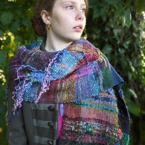 Handwoven Shawl Rainbow Jester Wrap Handspun Art Yarn Bells Weaving ...