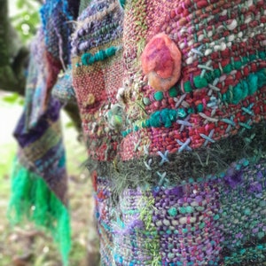 Handwoven Shawl Rainbow Jester Wrap Handspun Art Yarn Bells Weaving ...