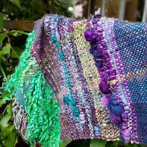 Handwoven Shawl Rainbow Jester Wrap Handspun Art Yarn Bells Weaving ...