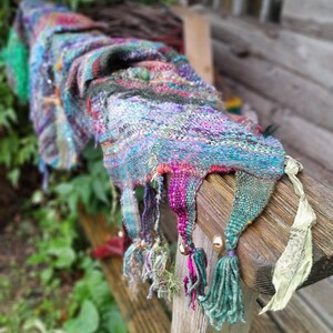 Handwoven Shawl Rainbow Jester Wrap Handspun Art Yarn Bells Weaving ...