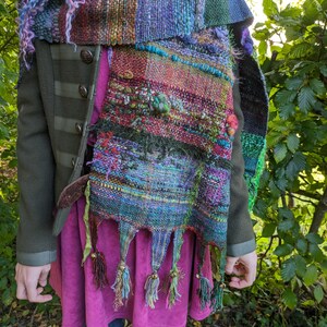 Handwoven Shawl Rainbow Jester Wrap Handspun Art Yarn Bells Weaving ...