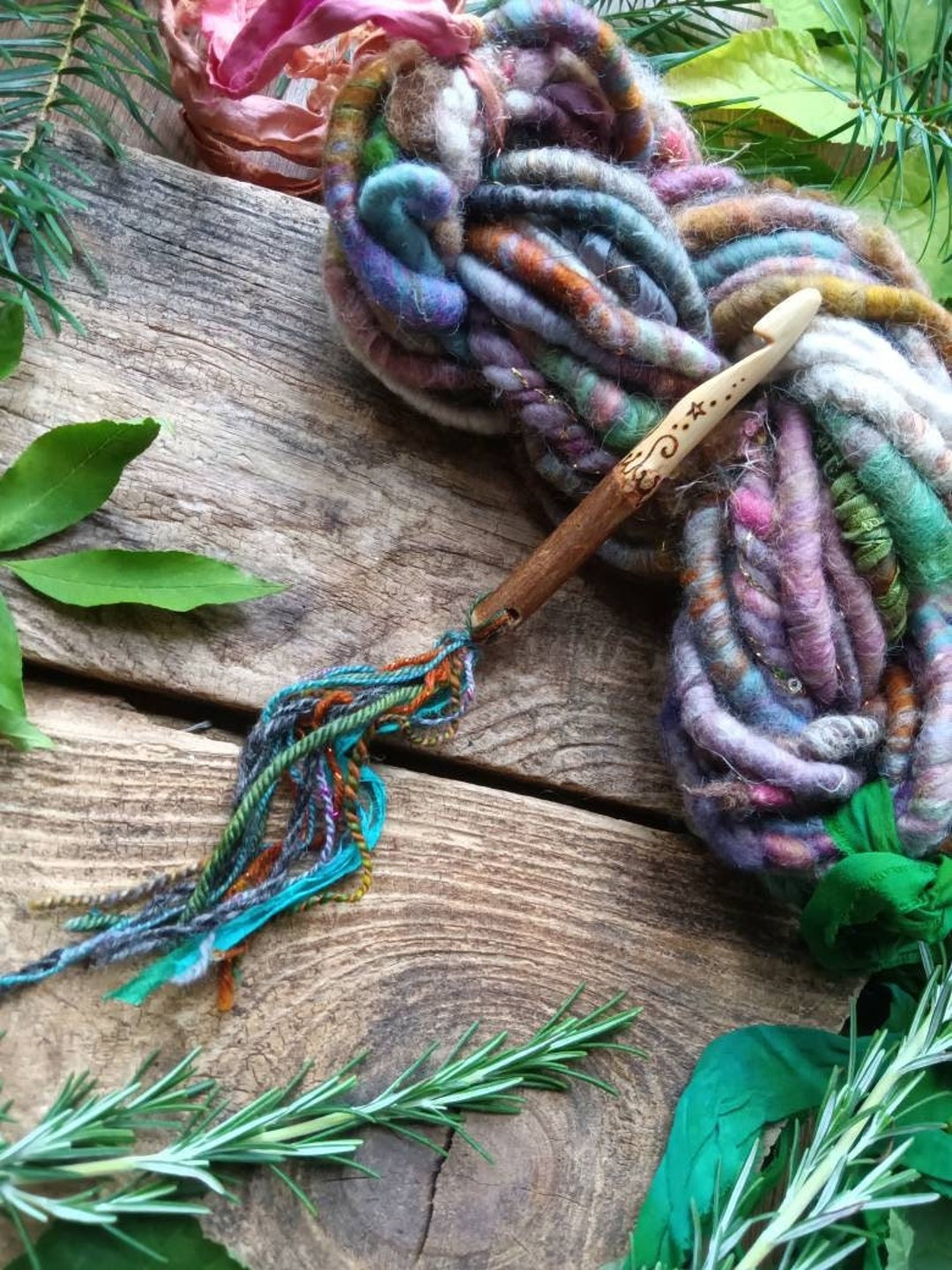 Hand Carved Crochet Hook Wooden Handmade Spiral Ferns Stars Forest Wild ...