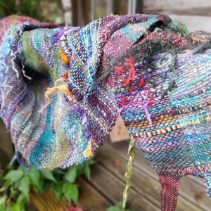 Handwoven Shawl Rainbow Jester Wrap Handspun Art Yarn Bells Weaving ...