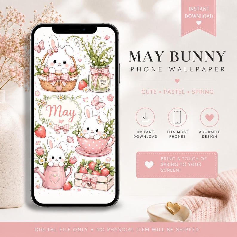 May Bunny Phone Wallpaper, Pastel Spring Kawaii Strawberry Floral ...