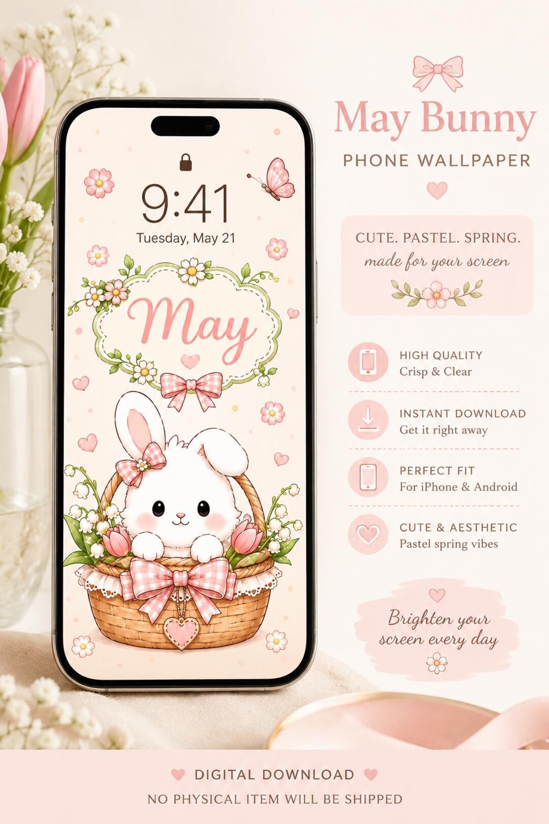May Bunny Phone Wallpaper, Pastel Spring Kawaii Strawberry Floral ...