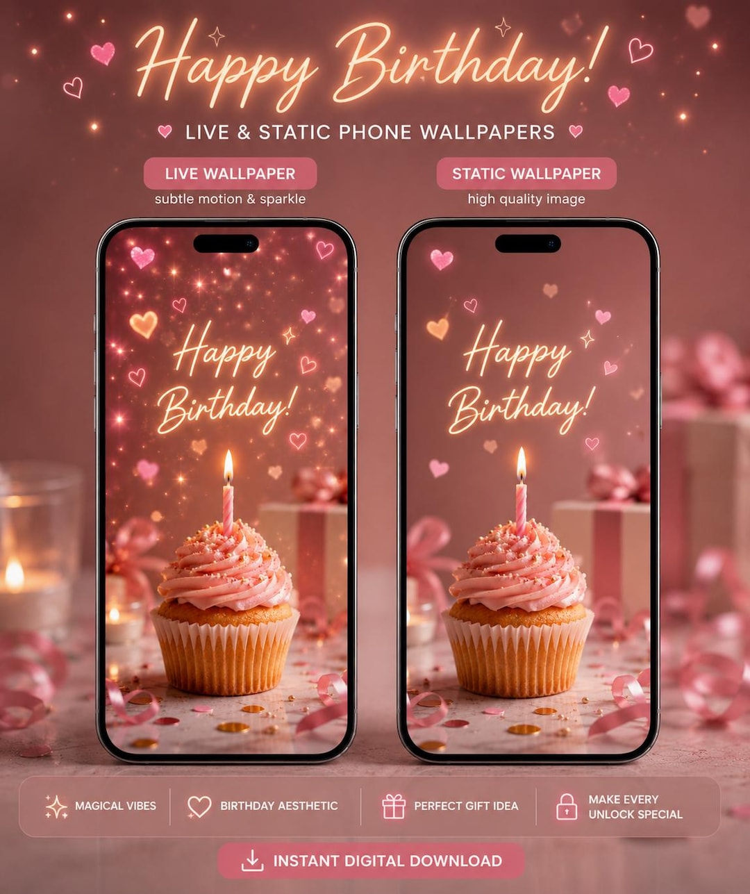 Pink Cupcake Birthday Phone Wallpaper Bundle | Live, Static (digital ...