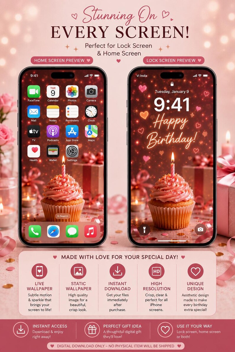 Pink Cupcake Birthday Phone Wallpaper Bundle | Live, Static (digital ...