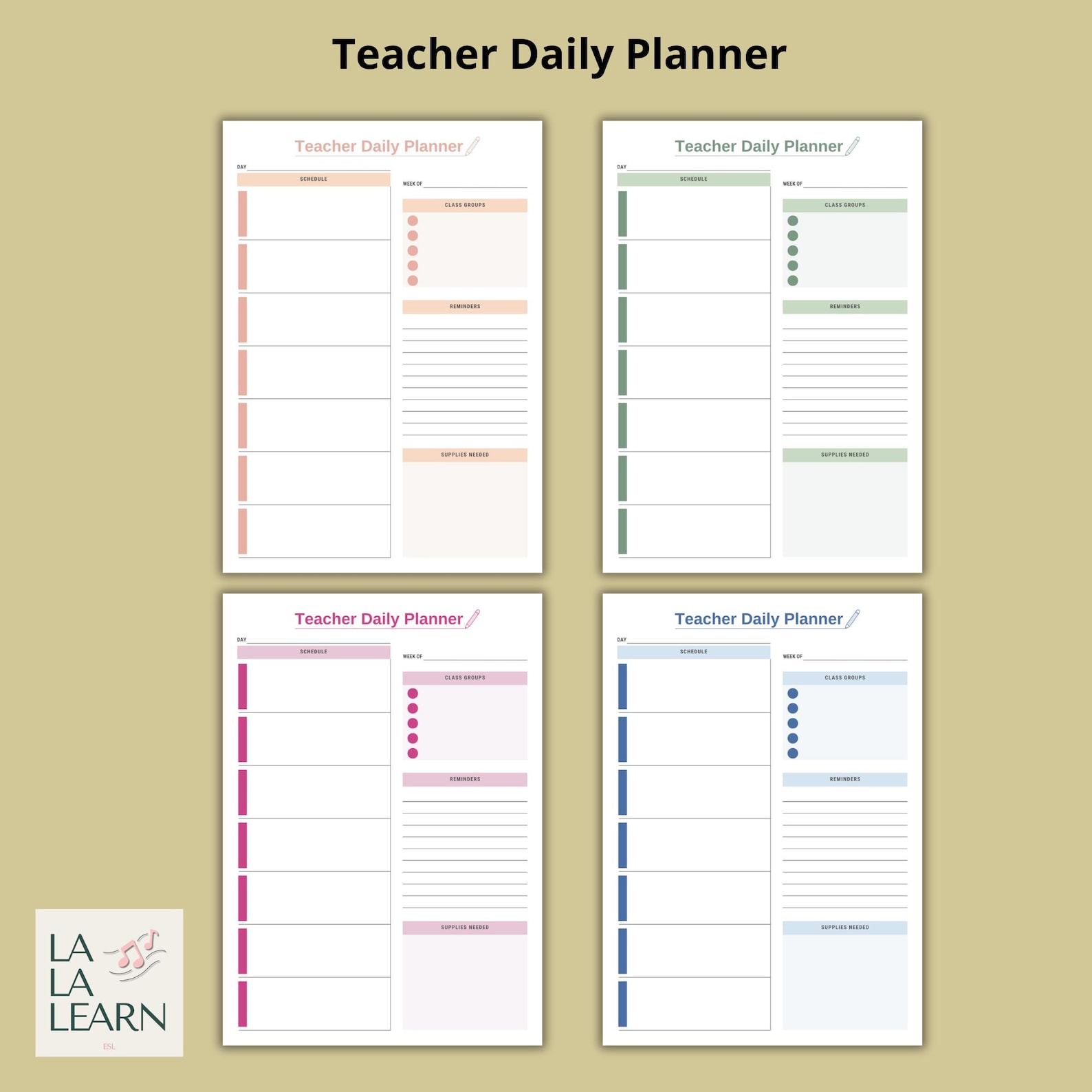 Teacher Daily Planner | One Page Teacher Schedule | 4 Colour Versions ...