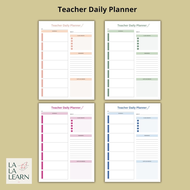 Teacher Daily Planner | One Page Teacher Schedule | 4 Colour Versions ...