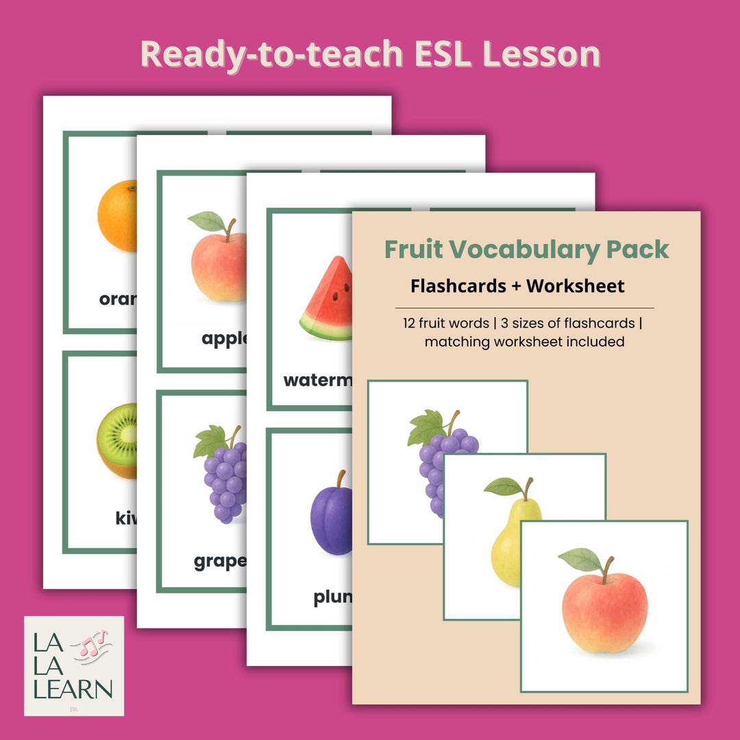 Fruit Vocabulary Flashcards for ESL Kids | 12 Fruit Words | Matching ...
