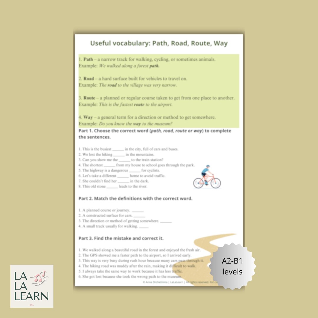 ESL Vocabulary Worksheet – Road, Way, Path, Route (A2-B1) (PDF) - Etsy
