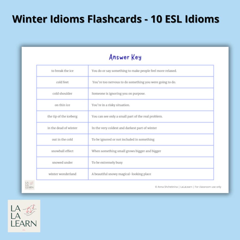 Winter Idioms Flashcards | ESL Vocabulary Cards | Printable English ...
