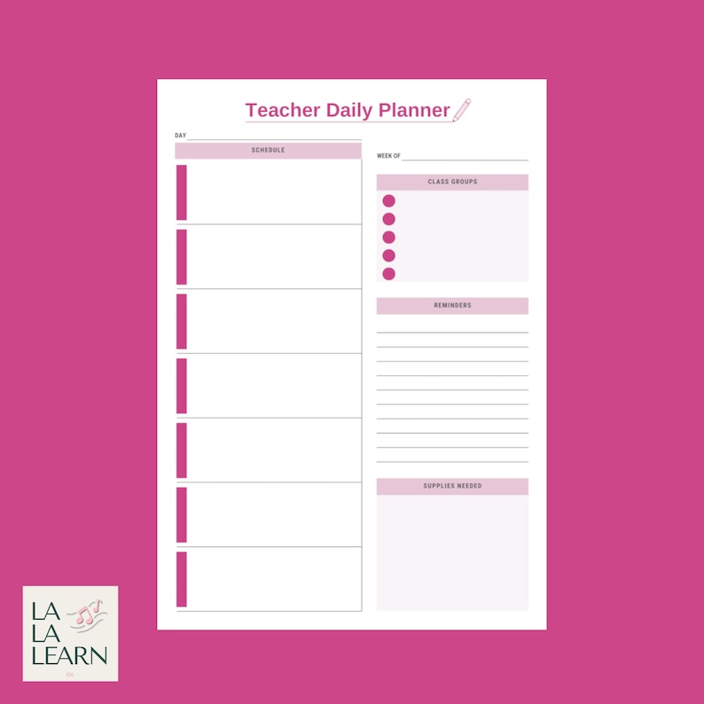 Teacher Daily Planner | One Page Teacher Schedule | 4 Colour Versions ...