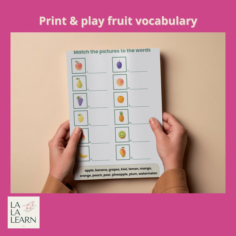 Fruit Vocabulary Flashcards for ESL Kids | 12 Fruit Words | Matching ...