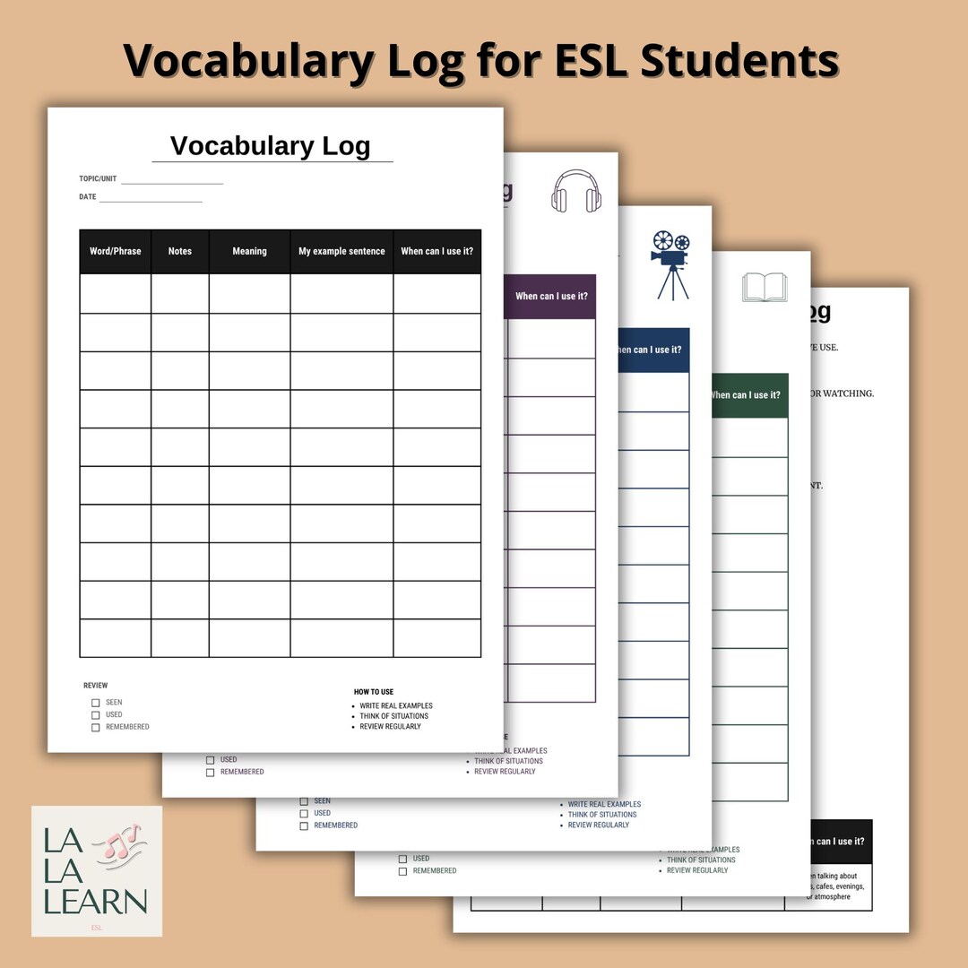 Vocabulary Log for ESL Students | Word Journal for Books, Songs ...