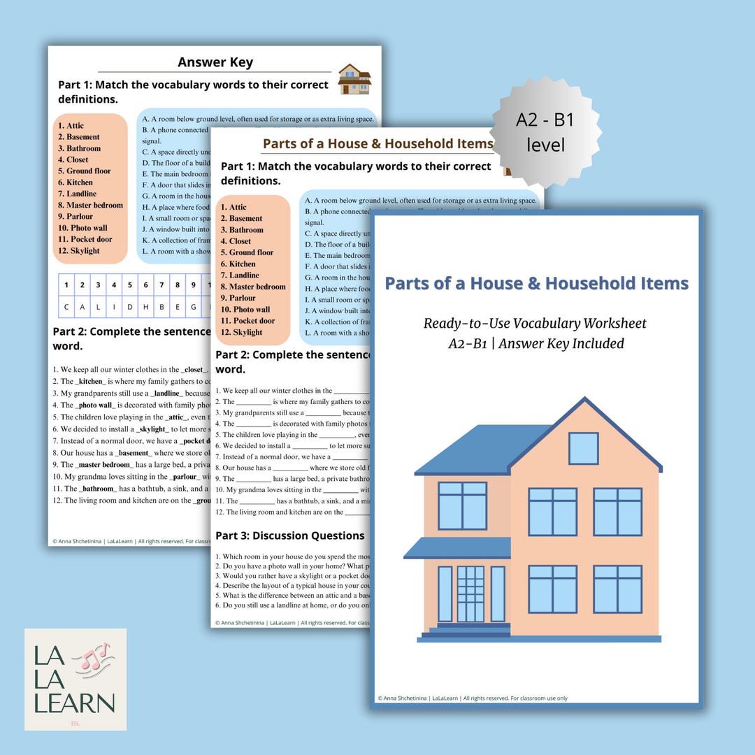 Parts of a House - ESL Vocabulary Worksheet (A2) | Printable PDF | ESL ...
