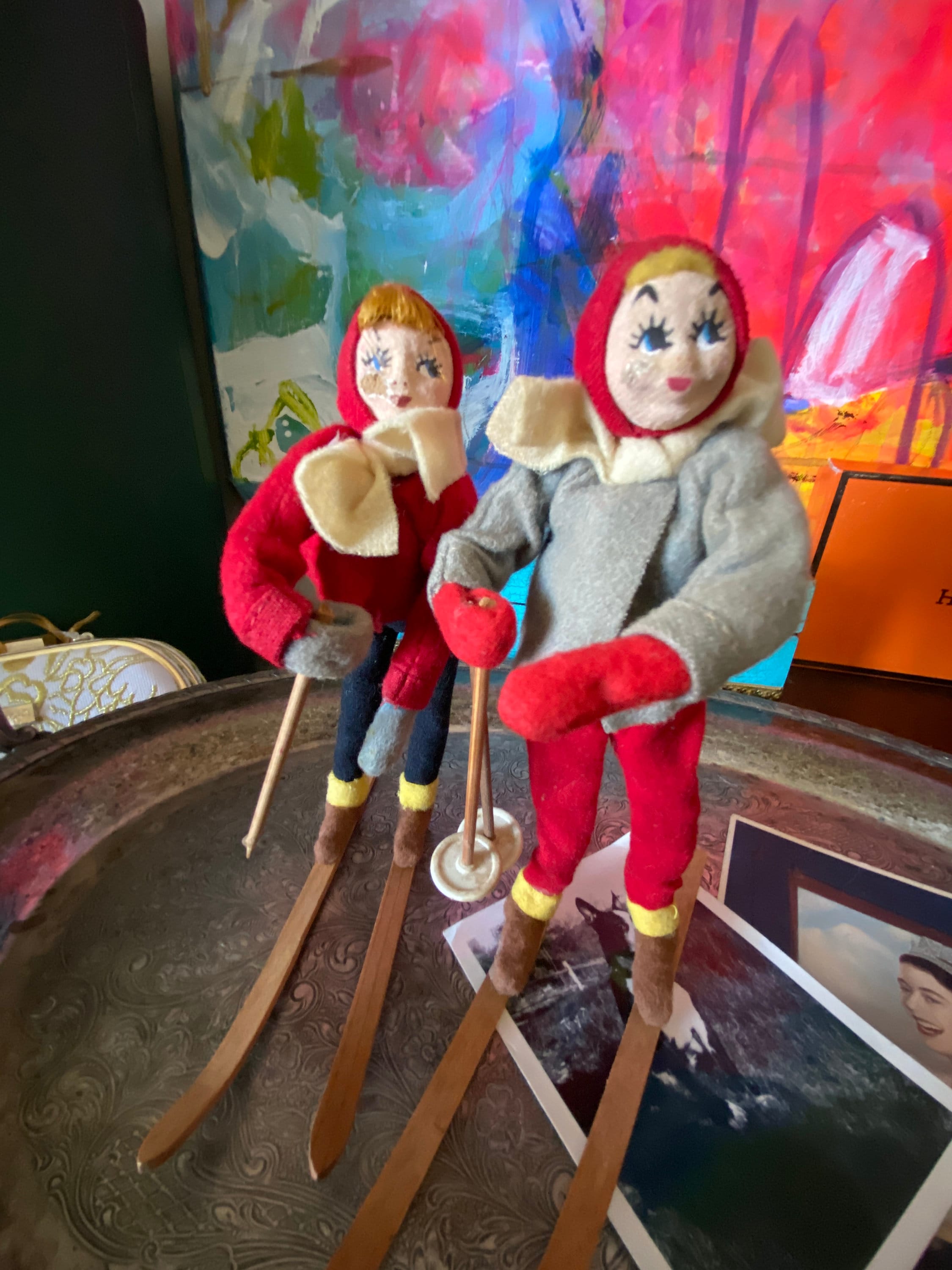 Rare Vintage German Handmade Skier Set of 2 Skiers Christmas Holiday ...