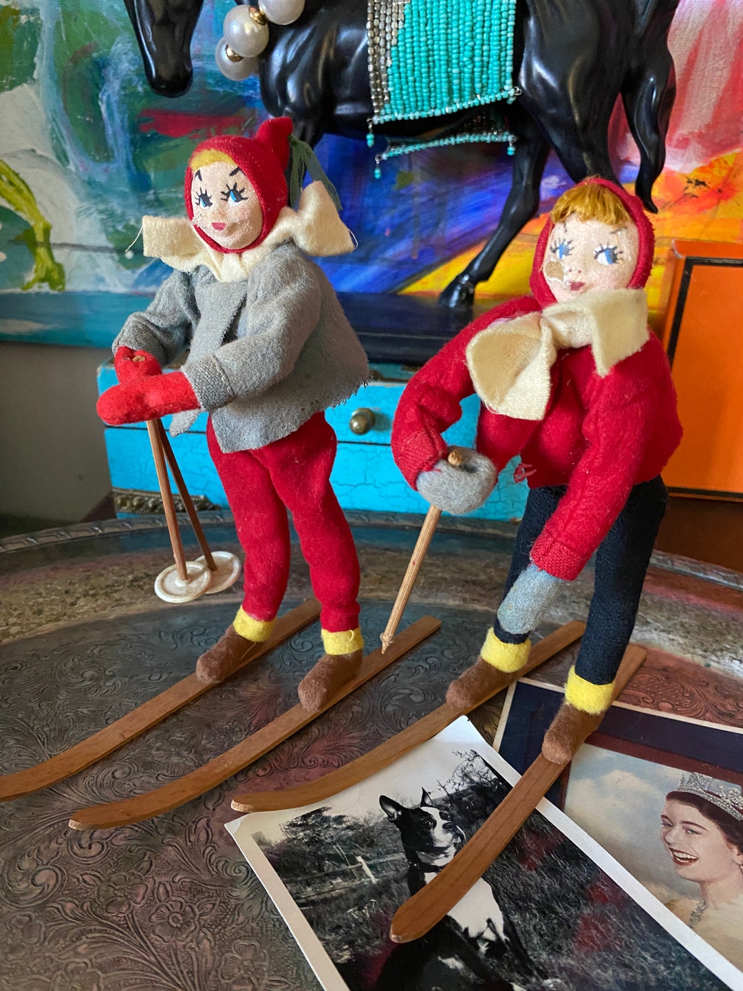 Rare Vintage German Handmade Skier Set of 2 Skiers Christmas Holiday ...