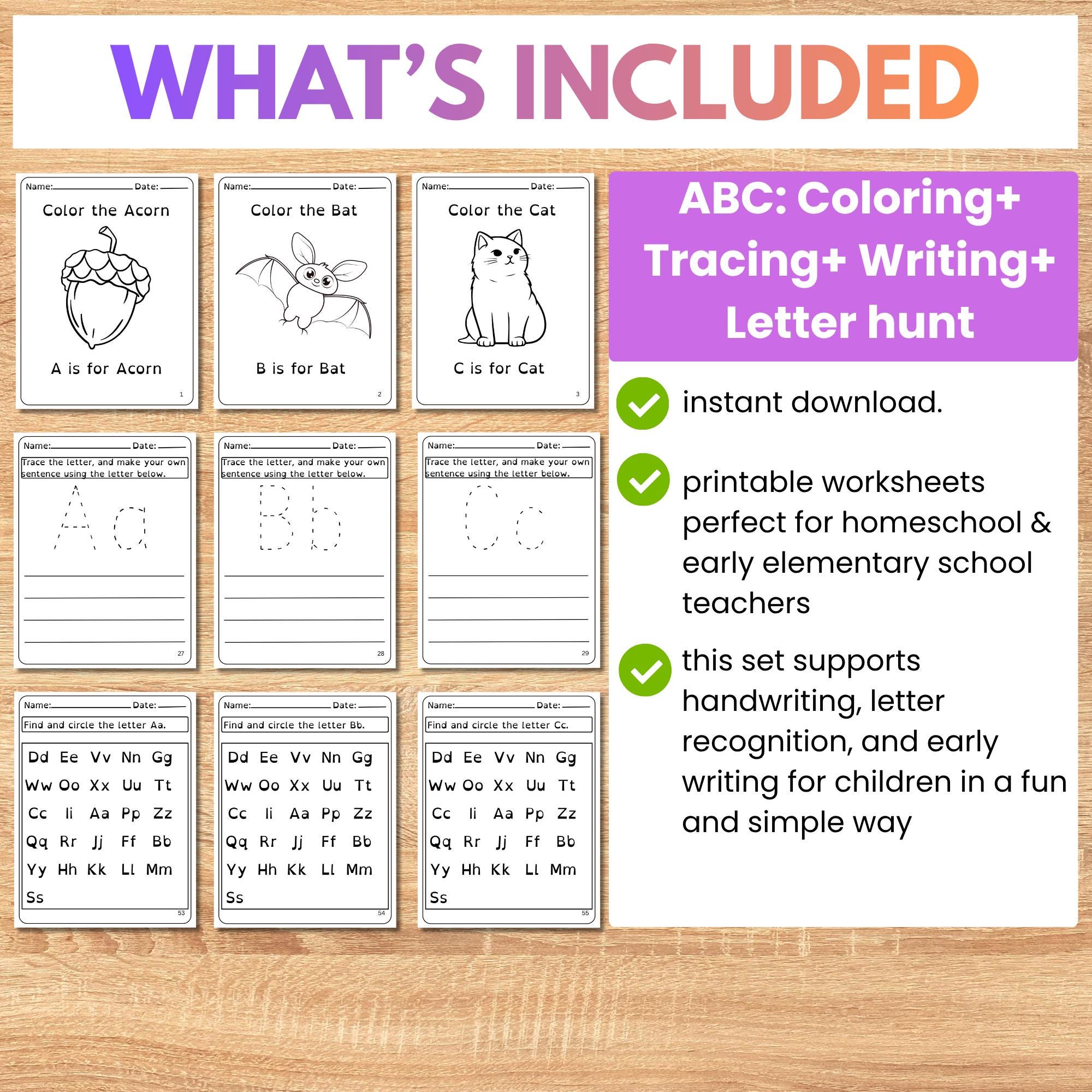 Alphabet Worksheet Bundle- Tracing, Coloring, Letter Hunt & Writing ...