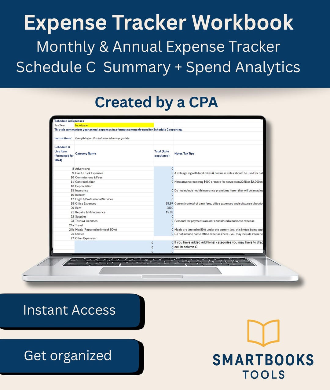 Cpa-designed Business Expense Tracker With Schedule C Template | Excel ...