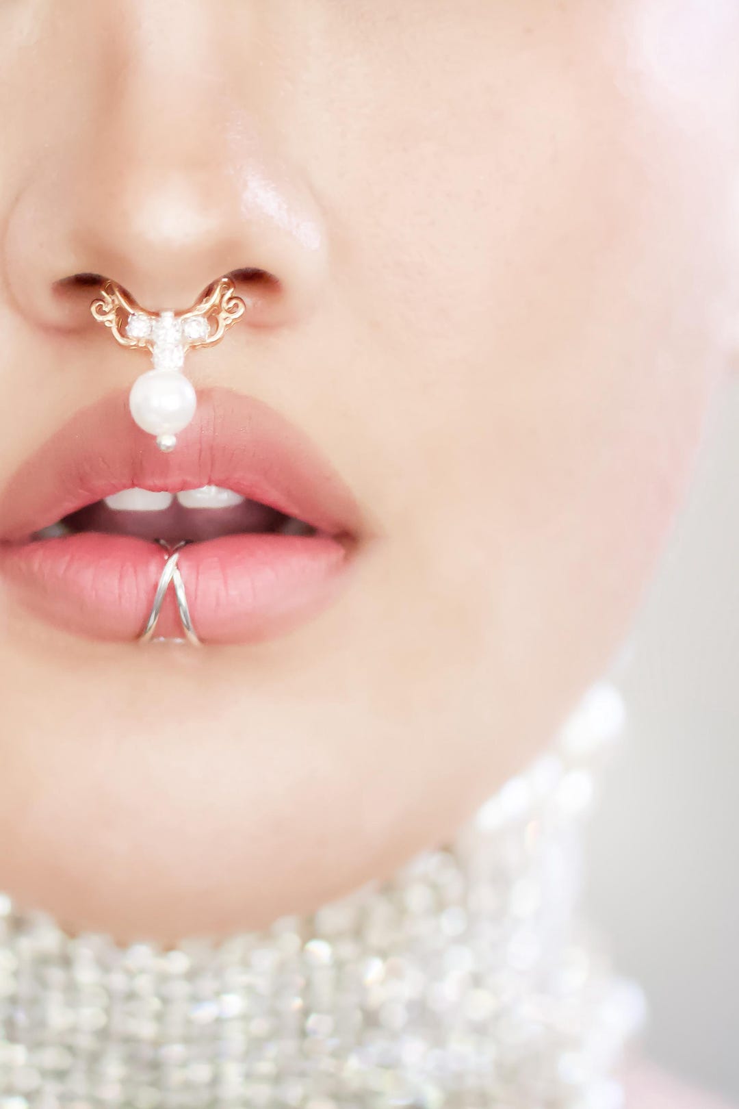 Pearl Septum Ring, Styled Septum, Crystal, Non Piercing Septum Nose ...