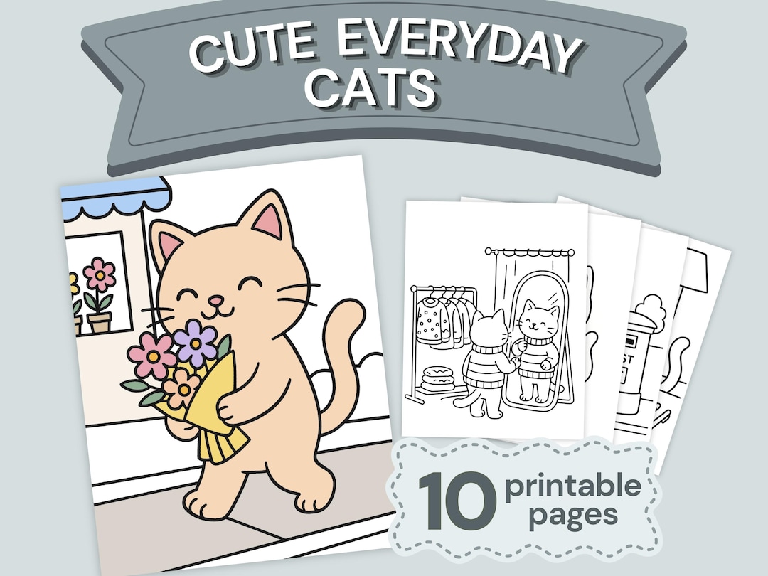 Cute Everyday Cat Coloring Pages, Printable Cat Coloring Book PDF ...