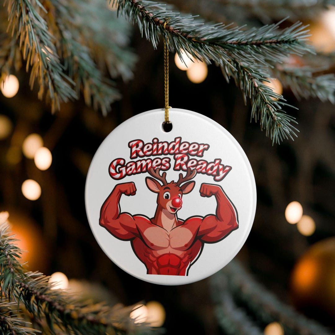 Buff Rudolph Flexing Reindeer Games Ready Ornament, Ceramic Holiday ...
