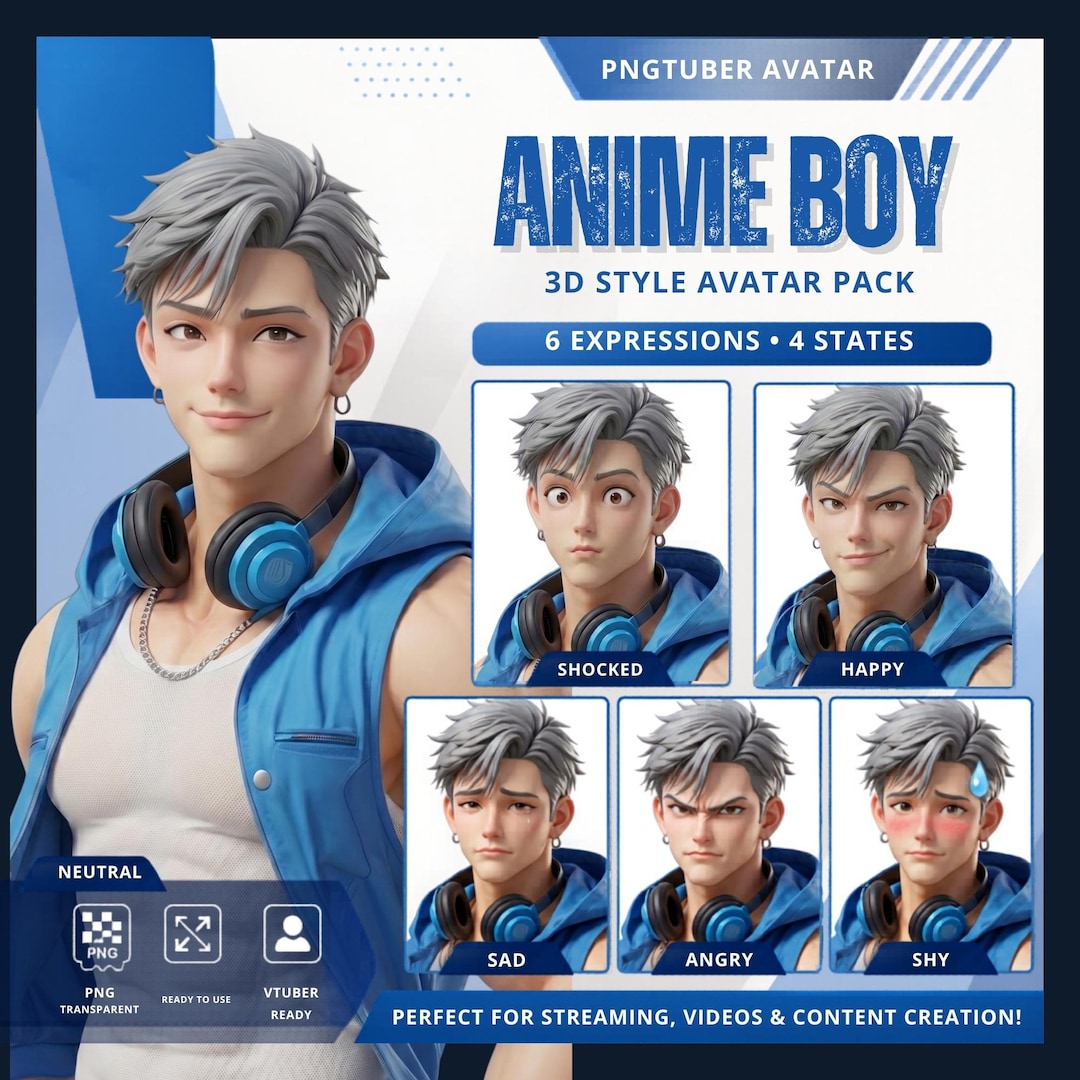 Anime Boy Pngtuber Avatar, 3d-style Anime Streamer PNG Pack, 6 ...