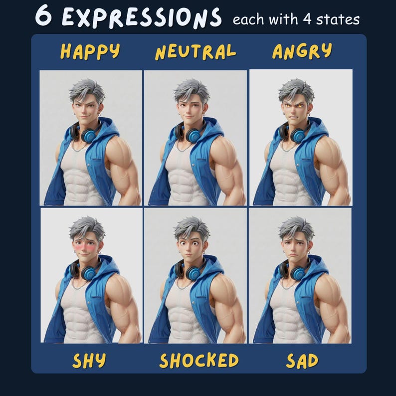 Anime Boy Pngtuber Avatar, 3d-style Anime Streamer PNG Pack, 6 ...