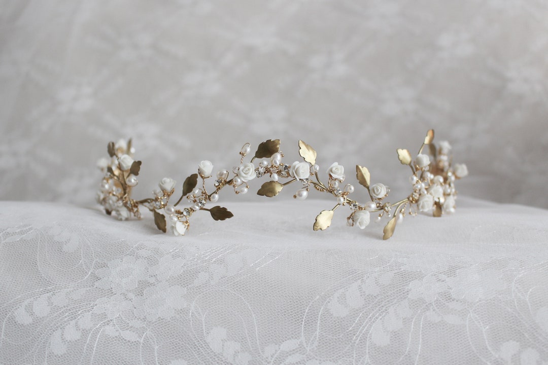 Bridal Tiara White Porcelain Roses and Raw Brass Leaves - Etsy