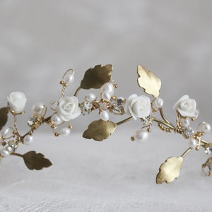 Bridal Tiara White Porcelain Roses and Raw Brass Leaves - Etsy