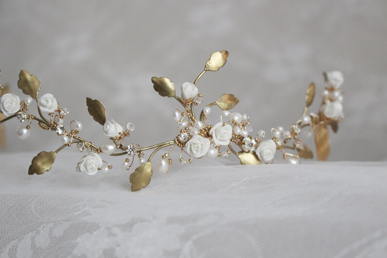 Bridal Tiara White Porcelain Roses and Raw Brass Leaves - Etsy