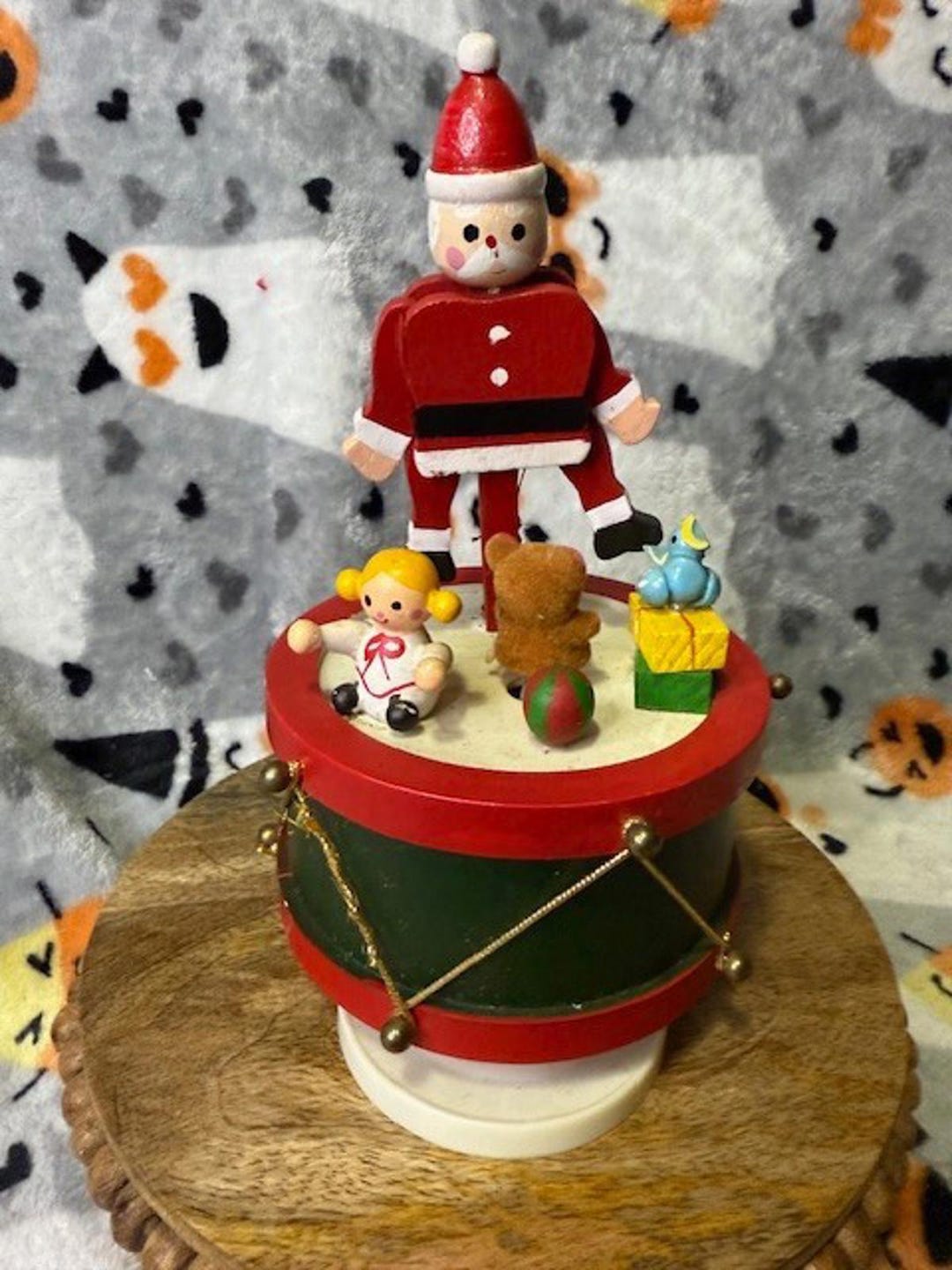 Vintage Wooden Santa on Drum Music Box – Hand Painted Christmas ...