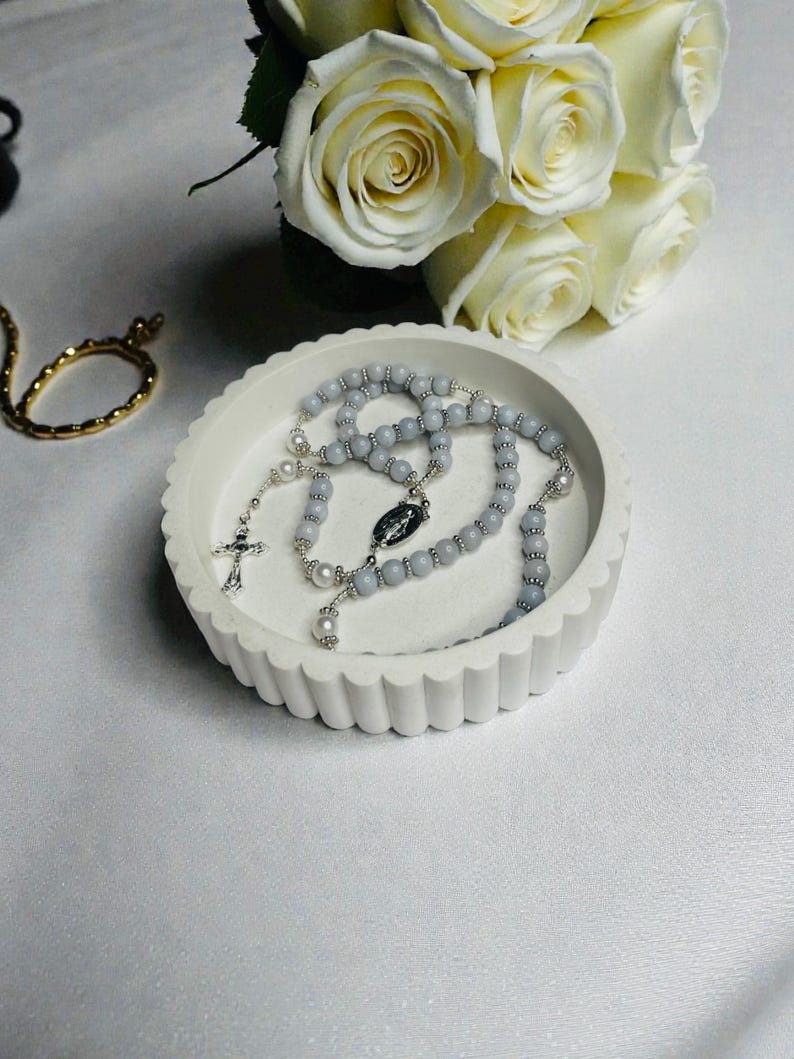 Dusted Blue & Pearl Floral Rosary Bundle X2 Catholic Rosary Handmade - Etsy