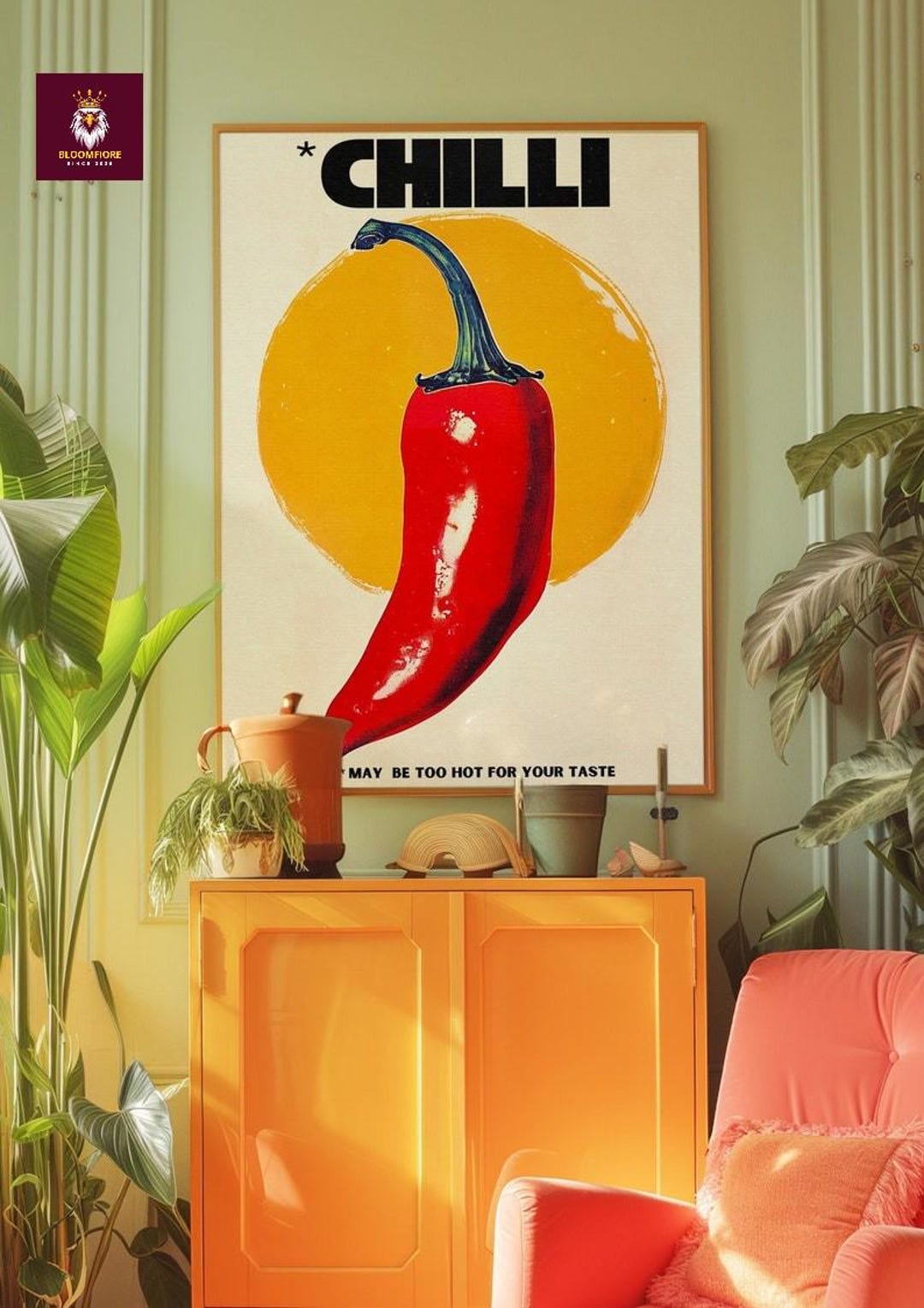 Chilli Pepper Poster, 70s Retro Kitchen Wall Art, Vintage Chili Print ...