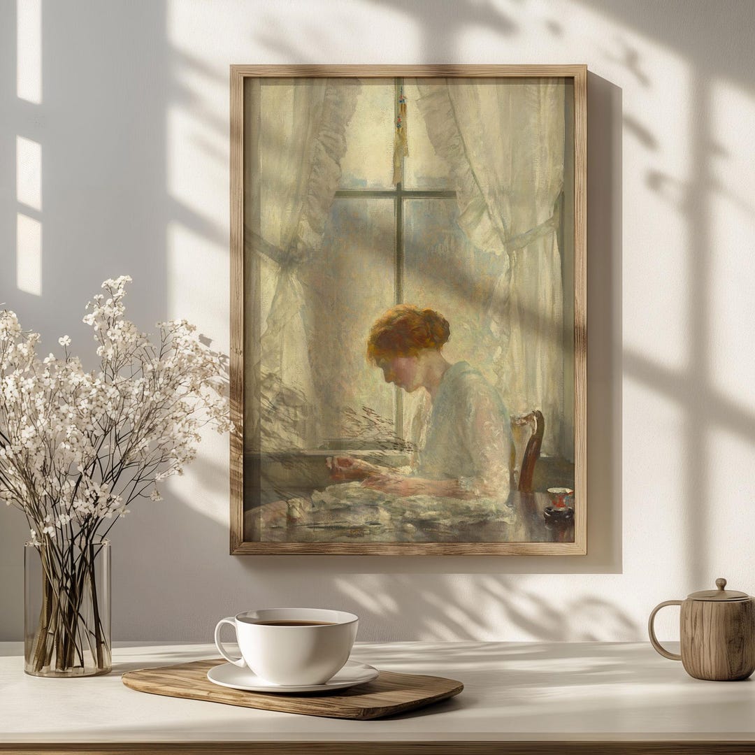Romantic Cottagecore Fine Art Wall Print, Woman at Table, Digital ...