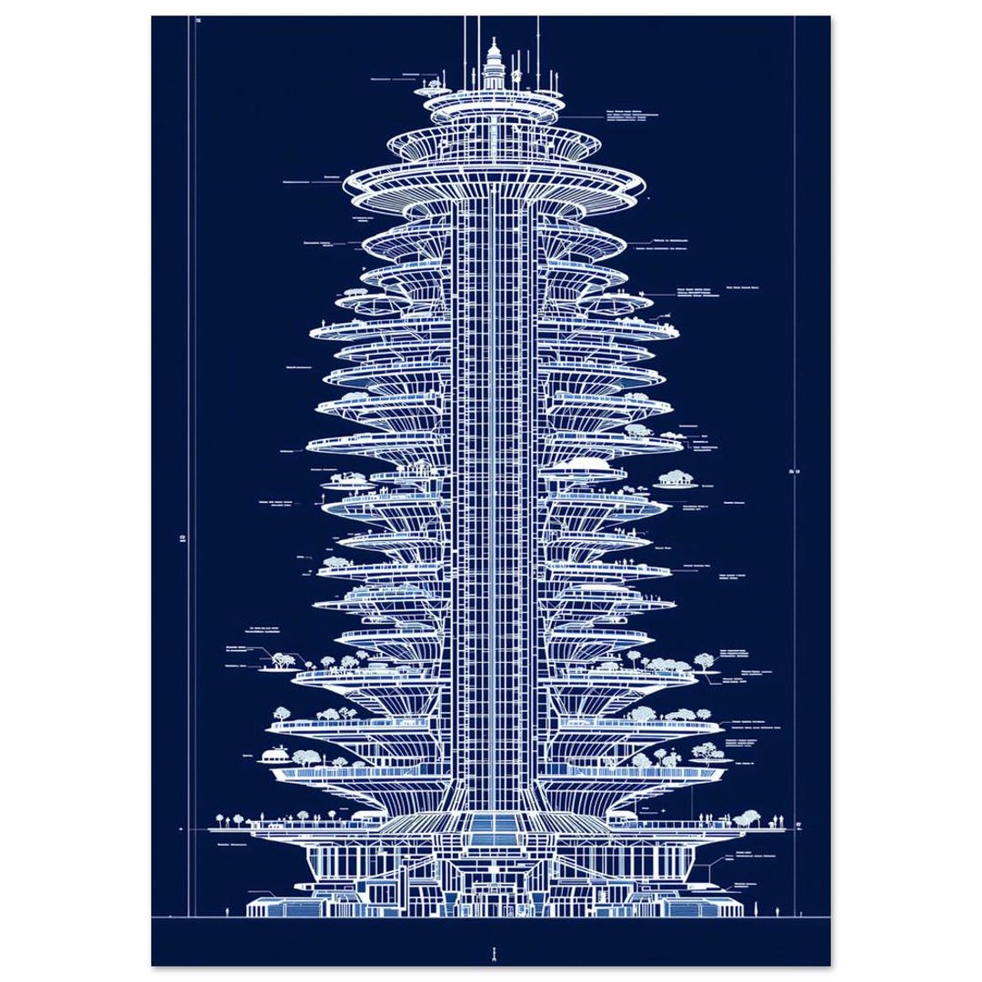 Futuristic Blueprint Skyscraper Print Sci Fi Arcology Wall Art ...
