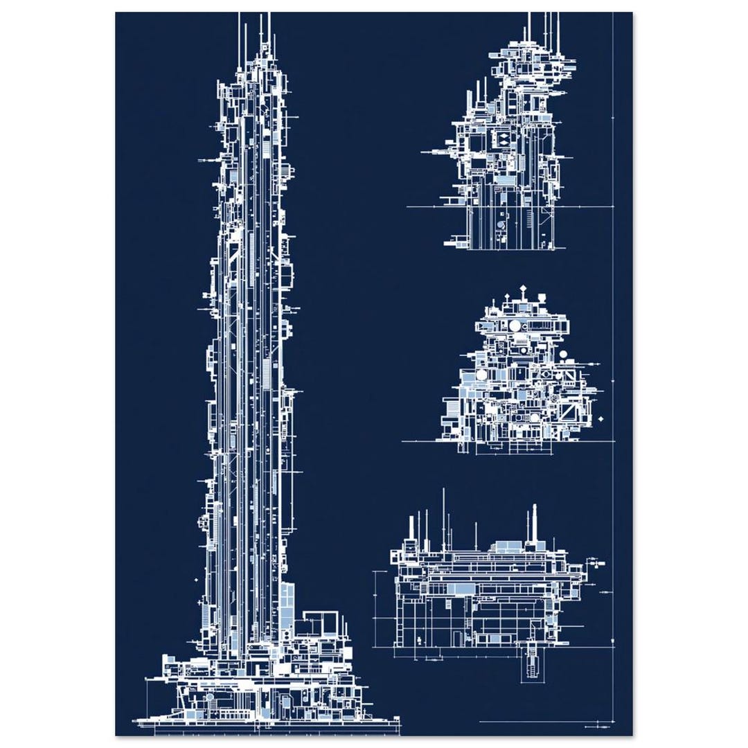 Futuristic Skyscraper Blueprint Wall Art Sci Fi Tower Architectural ...