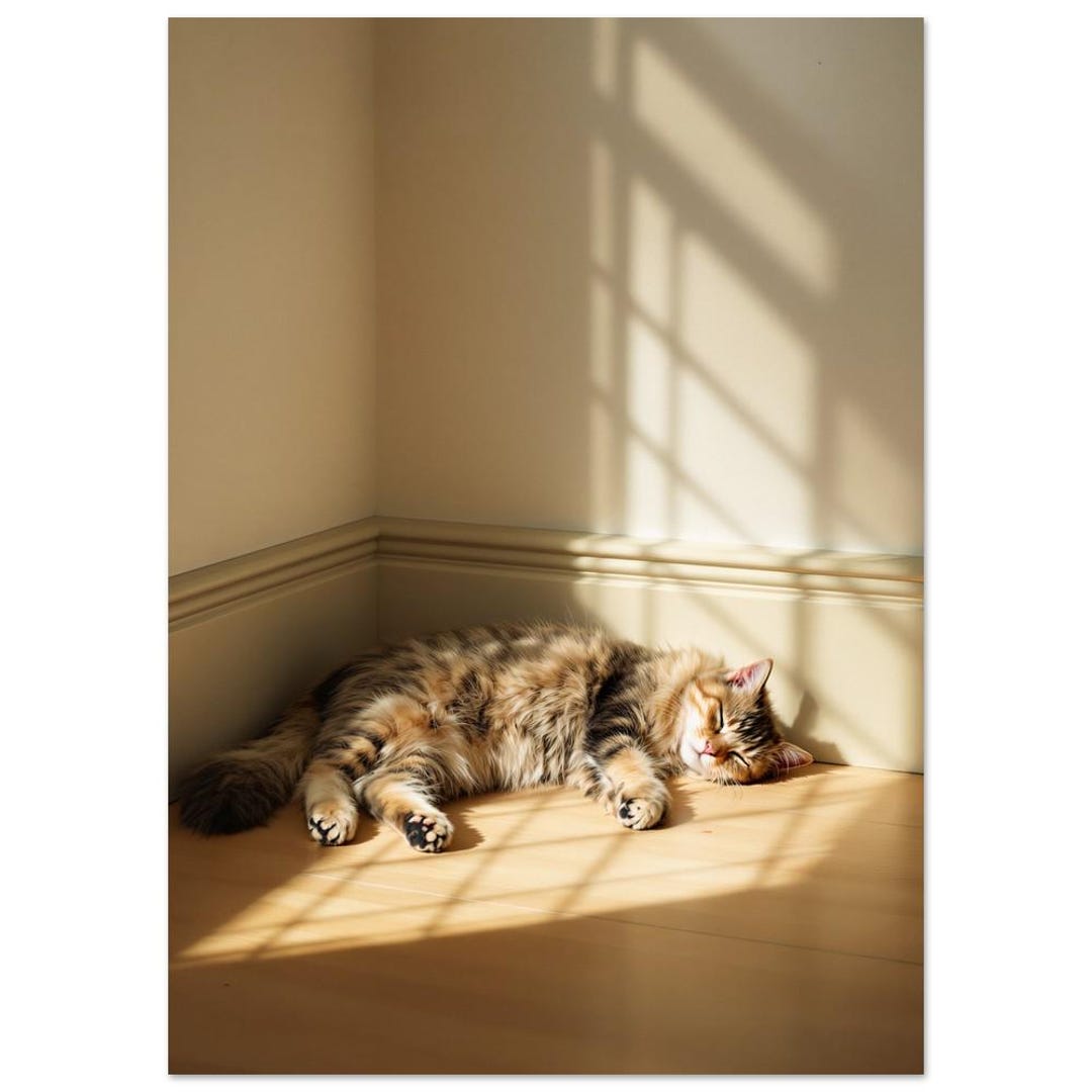 Cat Sleeping in Sunbeam Wall Art Cozy Indoor Cat Nap Print Warm ...