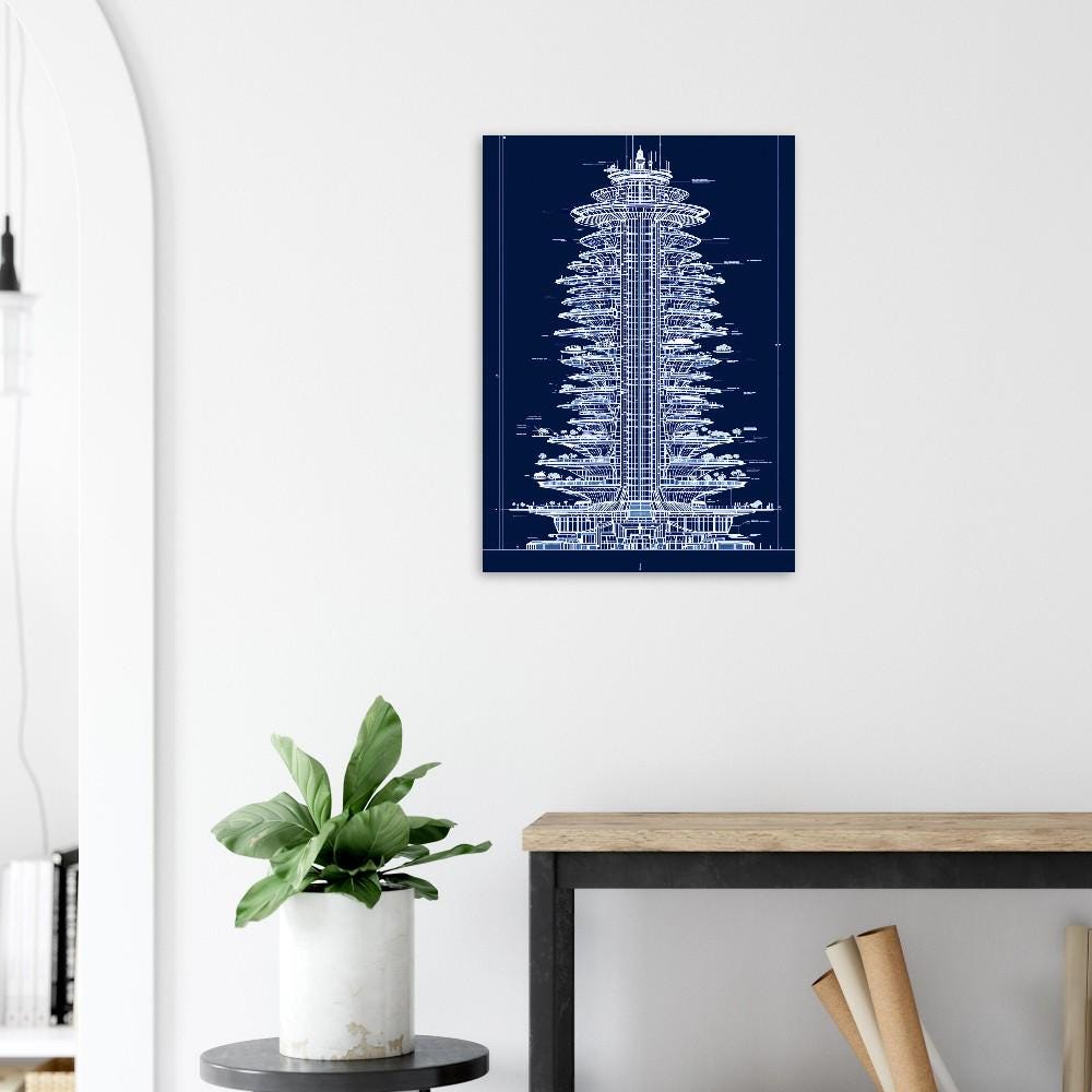 Futuristic Blueprint Skyscraper Print Sci Fi Arcology Wall Art ...